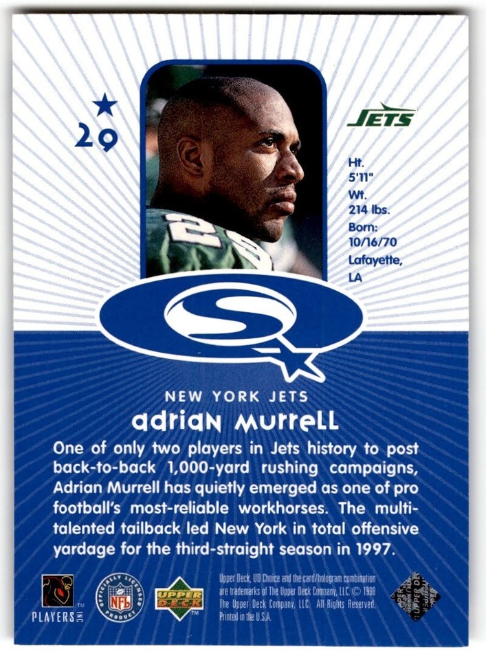 1998 UD Choice StarQuest Blue Adrian Murrell #20 New York Jets | eBay