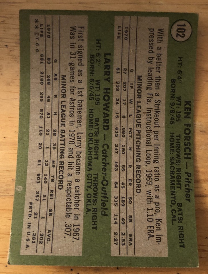 1971 Topps Astros Rookie Stars Ken Forsch & Larry Howard Baseball Card ...