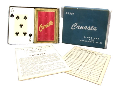 Vtg Arrco 50s Canasta Cards Set 2 Decks Rules Scorepad Woodgrain Look ...