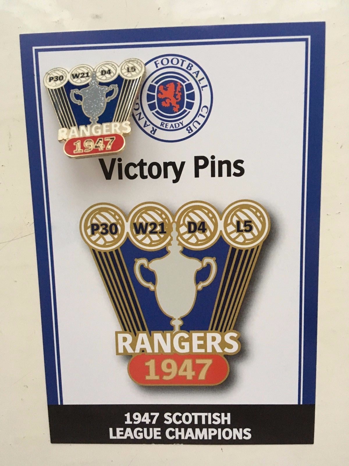 DANBURY MINT RANGERS FC VICTORY PIN BADGE 1947 SCOTTISH LEAGUE ...