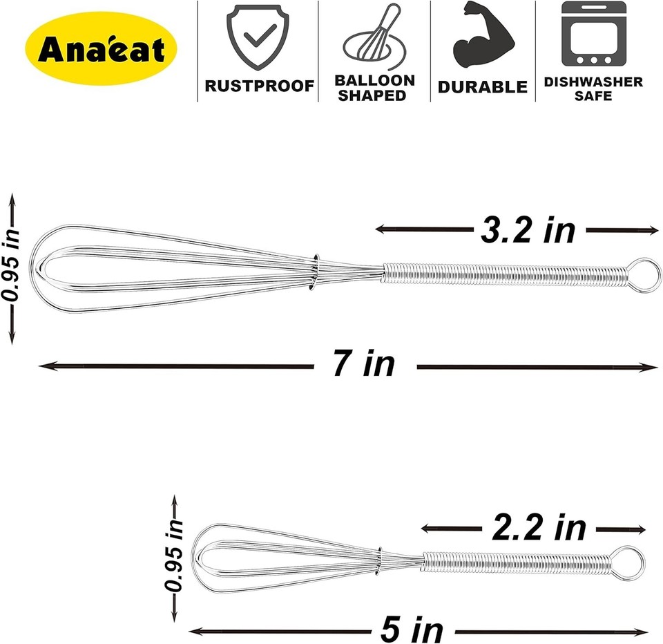 Anaeat Mini Wire Whisks, Set of 2 Portable Stainless Steel Kitchen Tiny ...