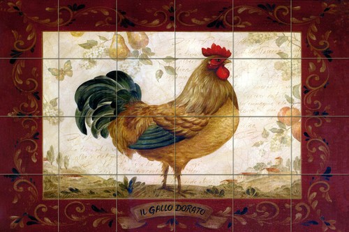 24 x 16 Travertine Vivid Art Rooster Kitchen Mural Backsplash Bath Tile ...