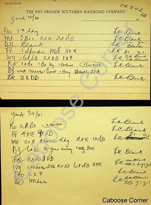 RGS Rio Grande Southern Railroad Form 1277 Yard 12/31 and yard 1/14/31 ...
