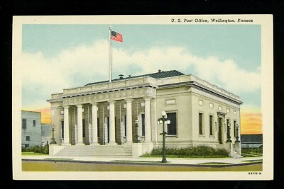 Post Office postcard Kansas KS Wellington flag columns street lamps ...