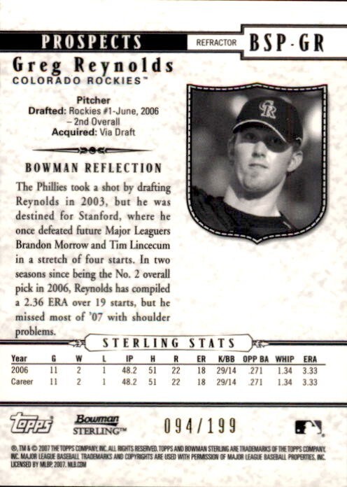 Greg Reynolds 2007 Bowman Sterling Refractor #BSP-GR /199 Numbered ...