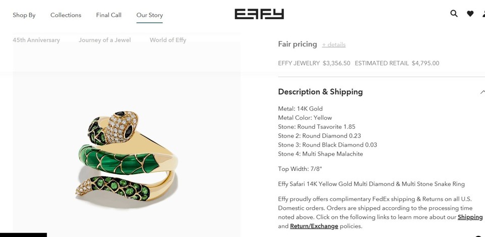 Effy 14K Yellow Gold SZ 7 Tsavorite & Malachite Diamond Safari Snake ...