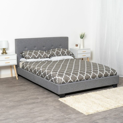 Double Bed Frame Padded Headboard Grey Sprung Mattress Upholstered ...