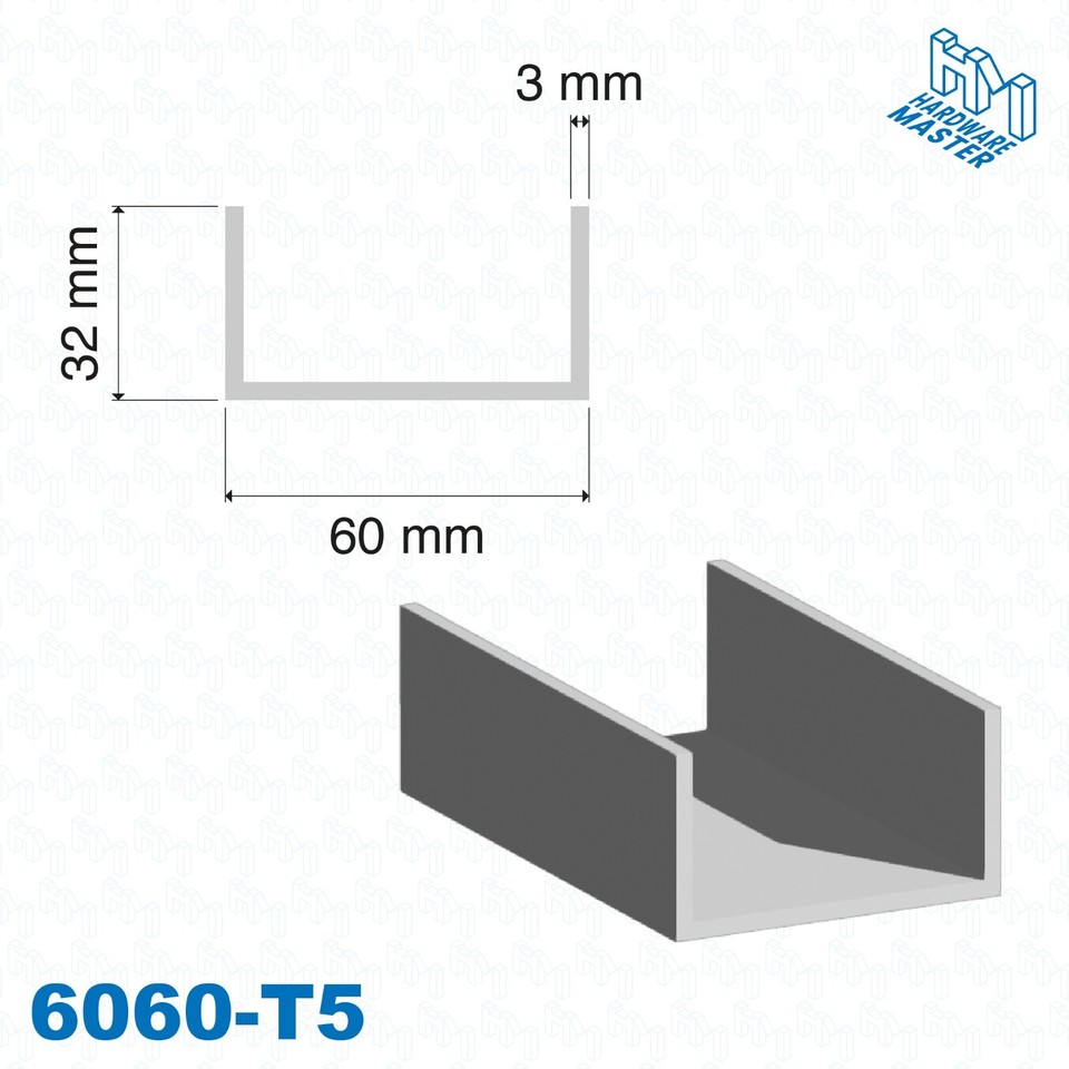 Aluminium U Channel Bar Alloy Profile | 32mm x 60mm x 32mm | 3mm ...