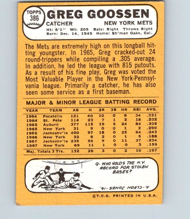 1968 TOPPS BASEBALL #386 GREG GOOSSEN MID GRADE JG | eBay