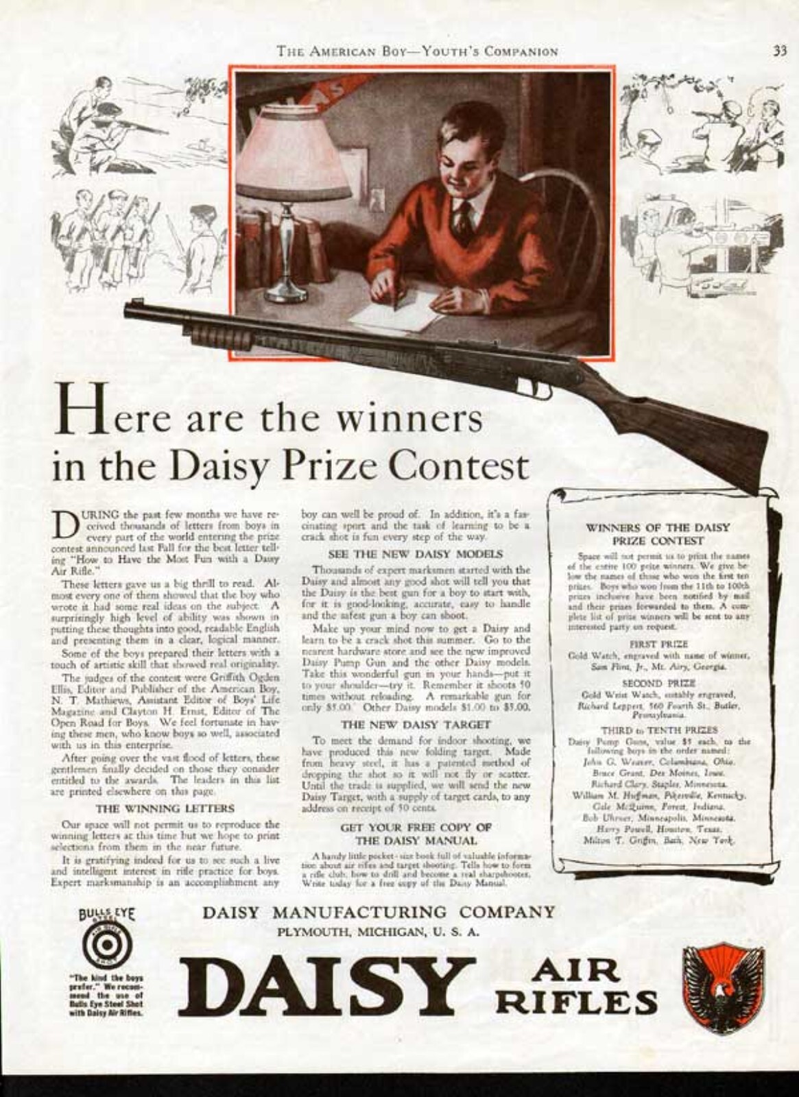 1931 DAISY AIR RIFLE GUN SPORT BOY TARGET PLYMOUTH MICHIGAN CONTEST AD ...