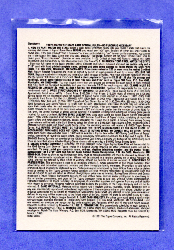 1992 Topps scratch off cards Match the Stats Unscratched #313 J.R ...