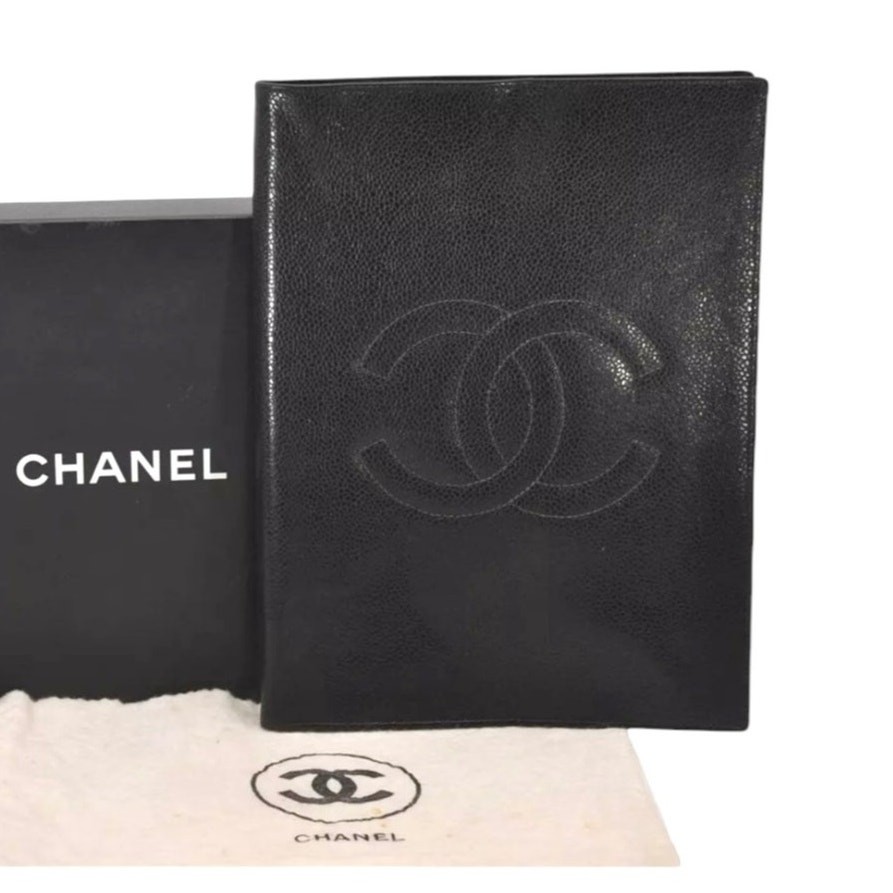 Vintage CHANEL Leather Black Diary Agenda Notebook Tablet Cover With ...