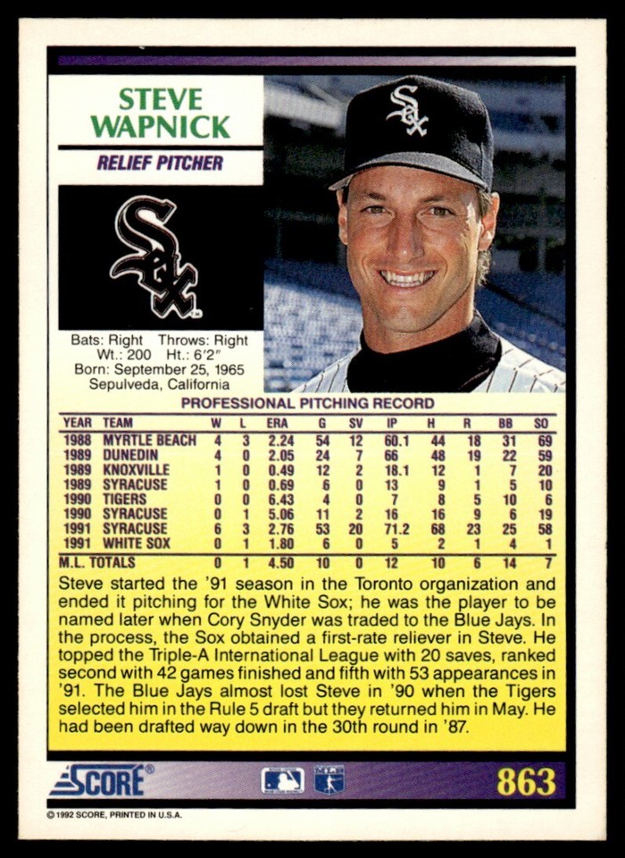 1992 Score #863 Steve Wapnick Chicago White Sox | eBay