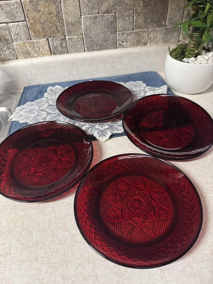 Ruby Red Pressed Glass Dishes Set of 4 Starburst Diamond Pattern Plates ...