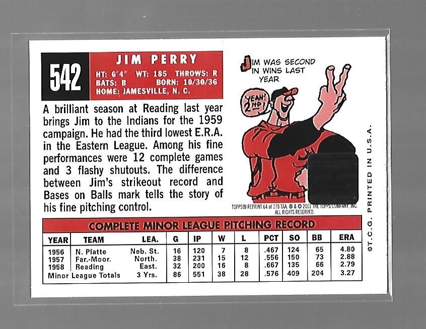JIM PERRY 2001 Topps Archives #542 CERTIFIED AUTOGRAPH Cleveland ...