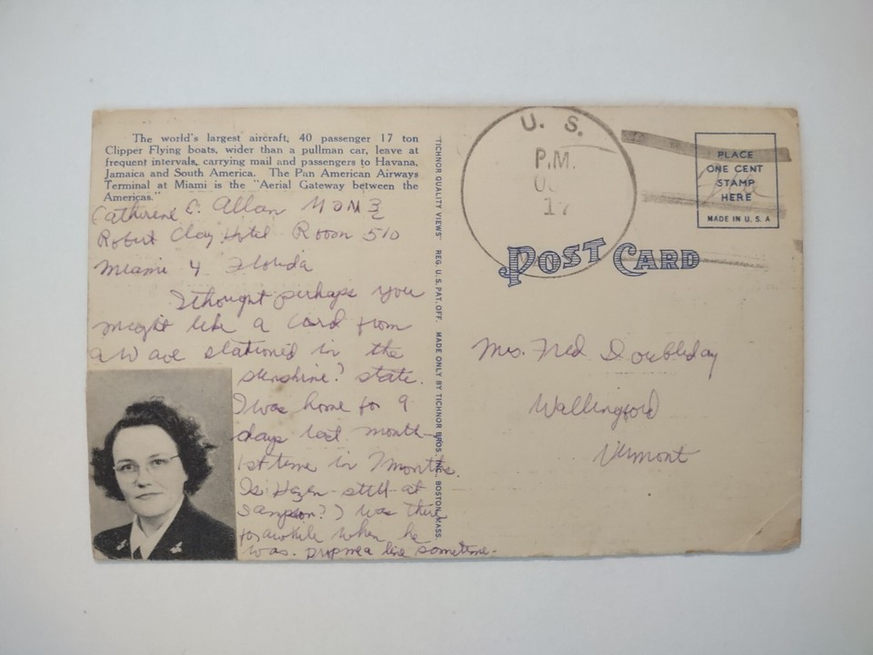 Vintage Postcard Pan Am Airplane Hanger Miami FL Woman Photo Soldier ...