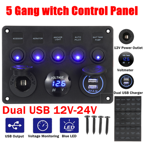 5 Gang Switch Panel 12V/24V Dual USB Car Boat Yacht LED Rocker Breaker ...