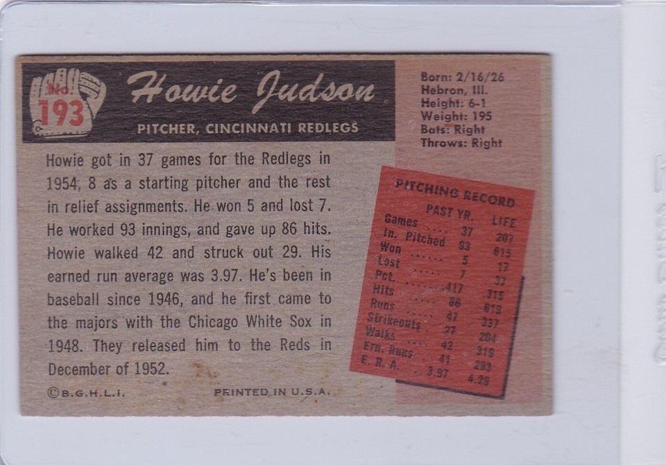 SW: 1955 Bowman Baseball Card #193 Howie Judson Cincinnati Redlegs - Ex ...