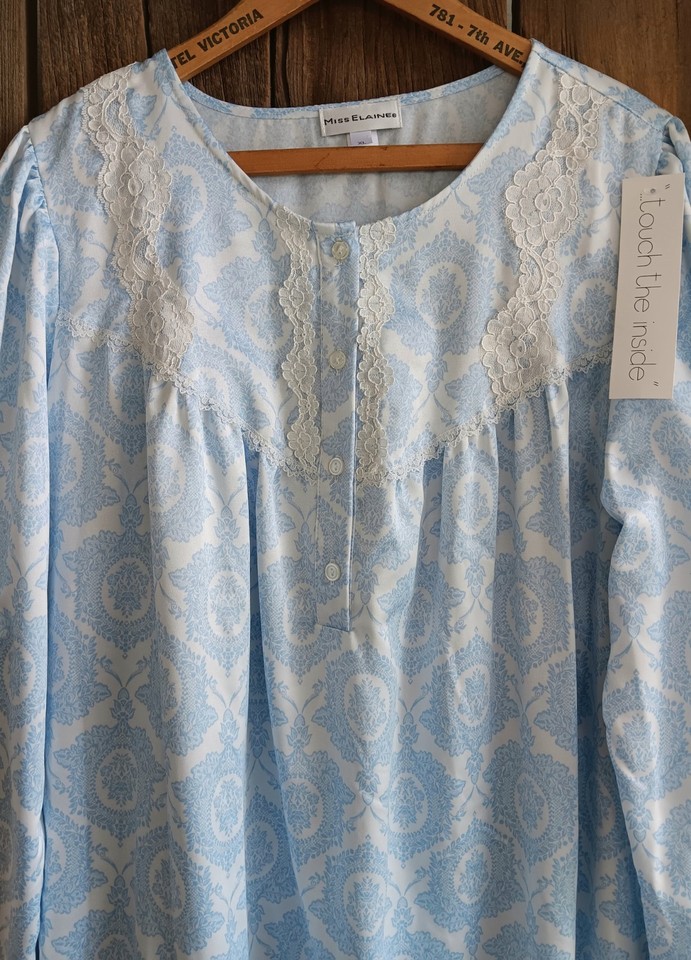 NWT Miss Elaine Blue White Floral Granny Nightgown LS Size XL Lace Trim ...