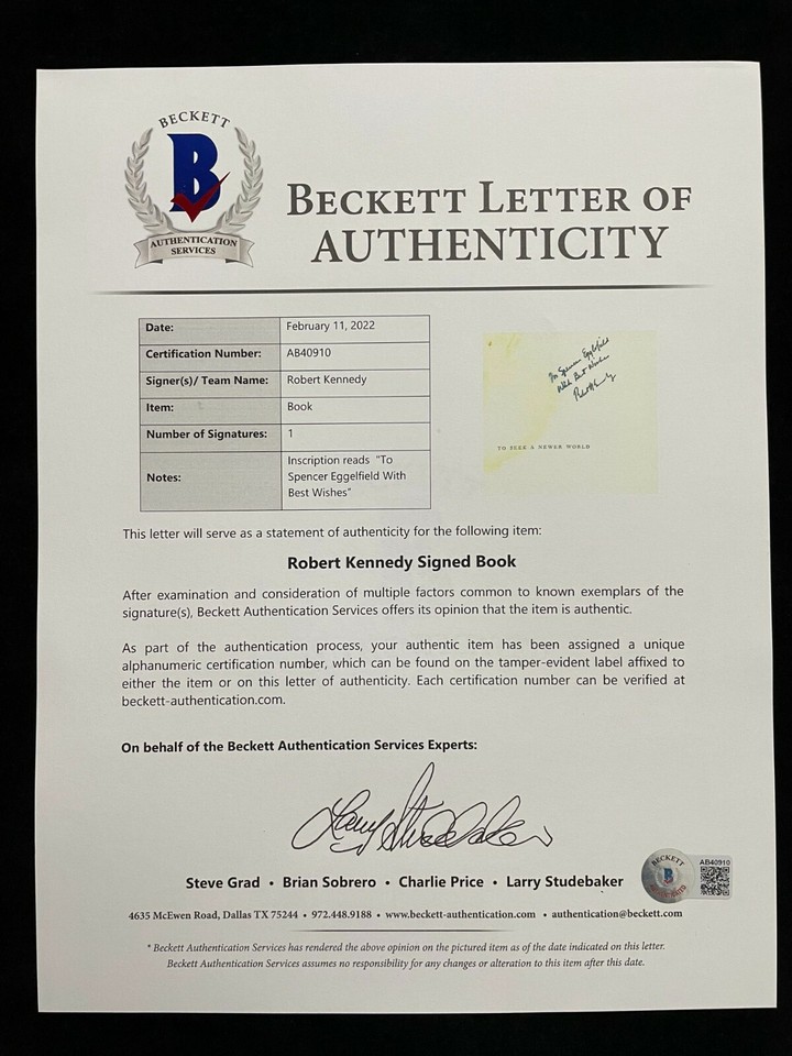 Robert F. Kennedy RFK Signed Inscribed To Seek a Newer World Book Page ...