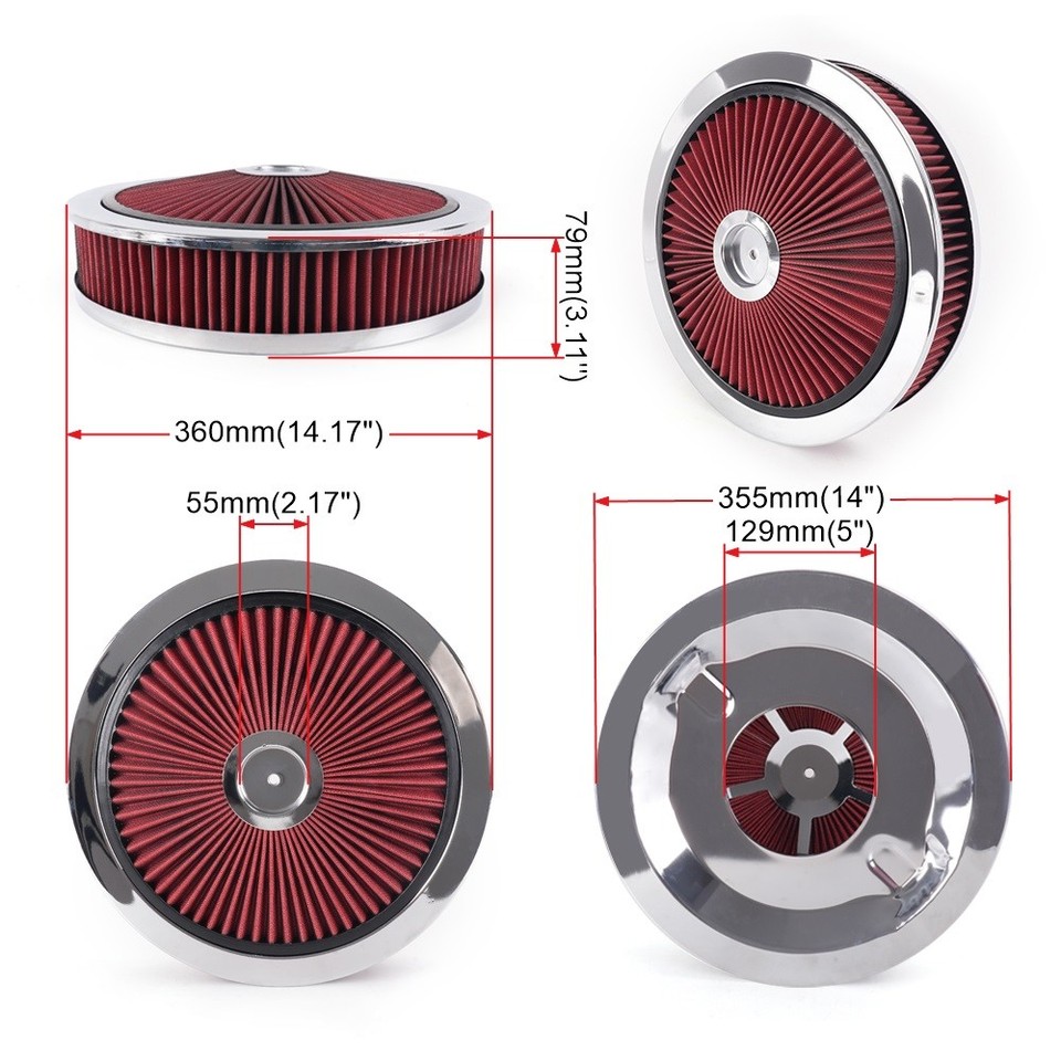 High Flow 14"x3" Red Round Thru Washable Air Cleaner w/ Chrome Lid For ...