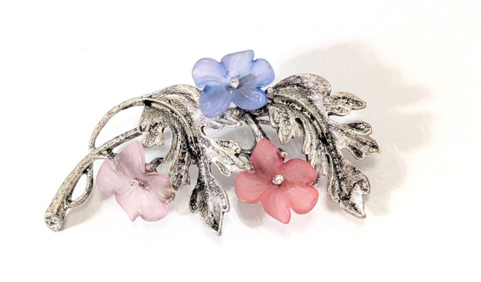 Vintage Flower Brooch Pin Pink Blue Antiqued Silver-tone 2.5" Floral ...