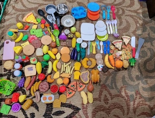 HUGE Lot 181 Pcs Kids PRETEND PLAY PLASTIC FOOD Fruit Meat Veggies ...