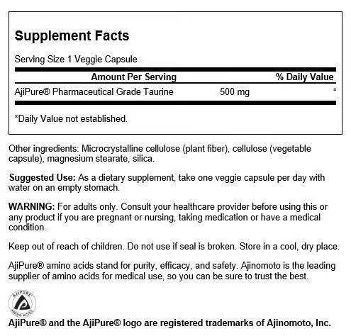 Swanson Ajipure Taurine, Pharmaceutical Grade 500 mg 60 Veggie Capsules ...