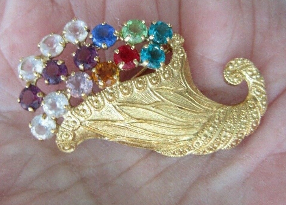Vintage B DAVID Rhinestone Cornucopia Brooch Gold EX… - Gem