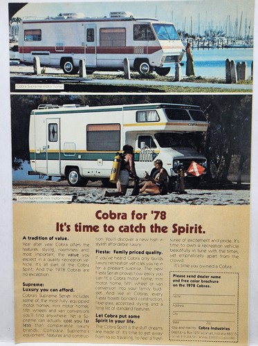 1978 Cobra Supreme Camper Camping RV Vintage Print Ad Man Cave Elkhart ...