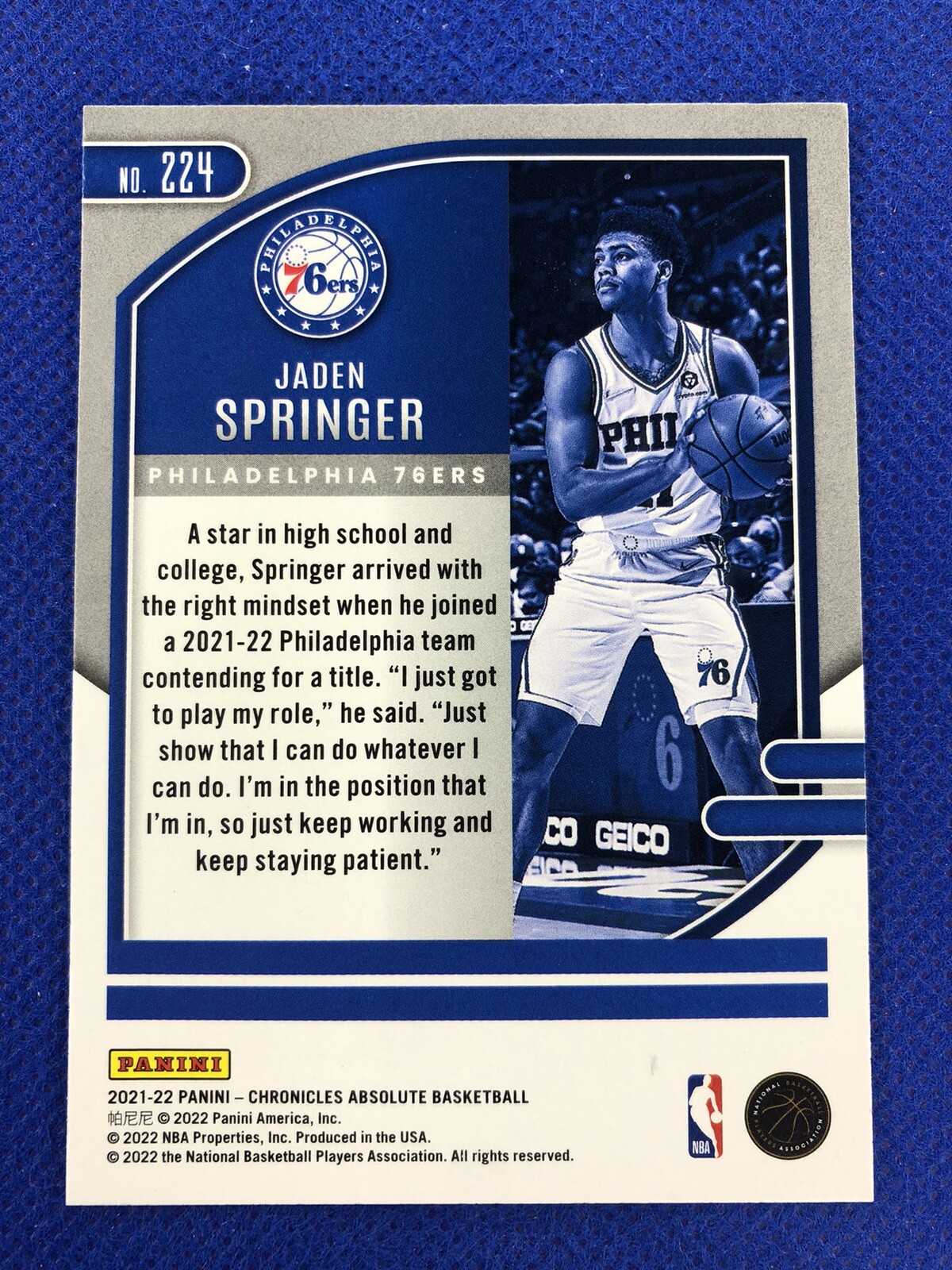 2021-22 #224 Jaden Springer Panini Chronicles Absolute Basketball RC | eBay