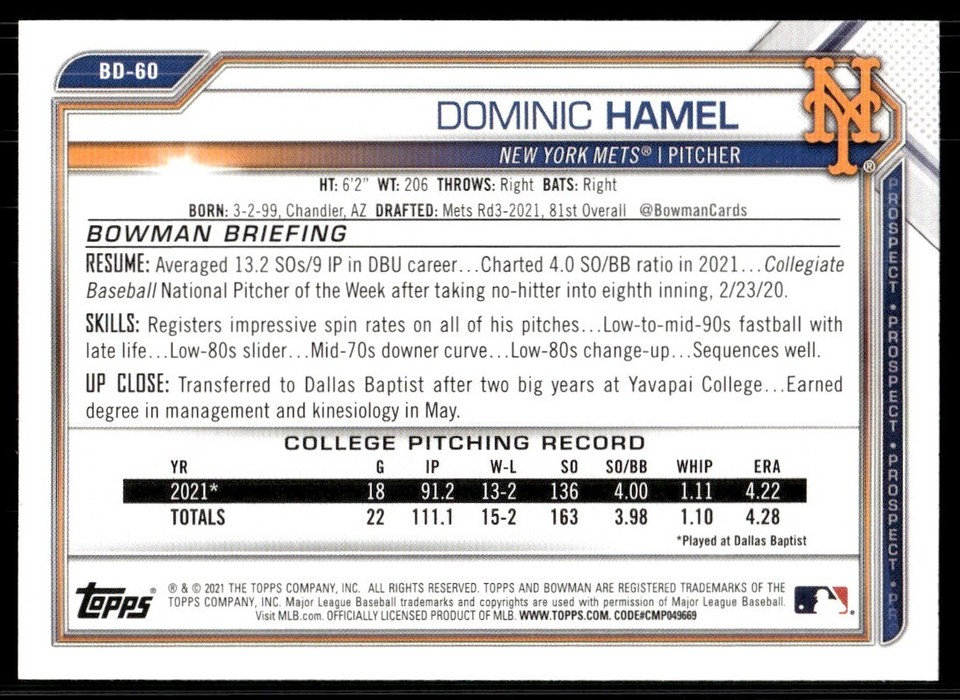 2021 Bowman Draft Dominic Hamel G334 New York Mets #BD-60 | eBay