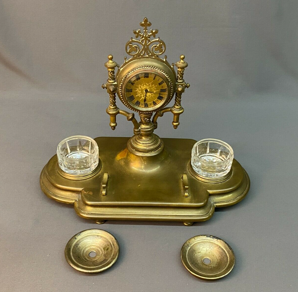 Antique Victorian Brass Desk Clock with Double Ink Wells | eBay