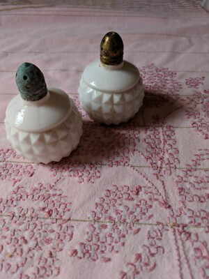 Vtg Hobnail Diamond Point Milk Glass Salt & Pepper Shakers ~ Made in ...
