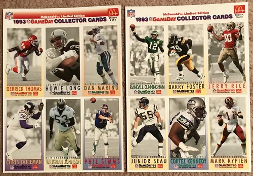 1993 Gameday McDonald's Uncut Football Cards Sheet B & C Marino Rice ...