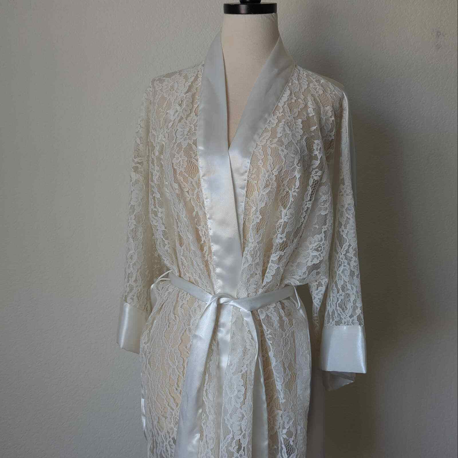 Victoria's Secret White Silky Robe Sheer Lace Front V… - Gem