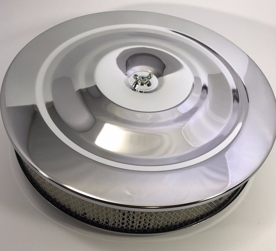 14" X 3" Round Chrome Air Cleaner Assembly Flat Base Chevy SBC 350 BBC ...