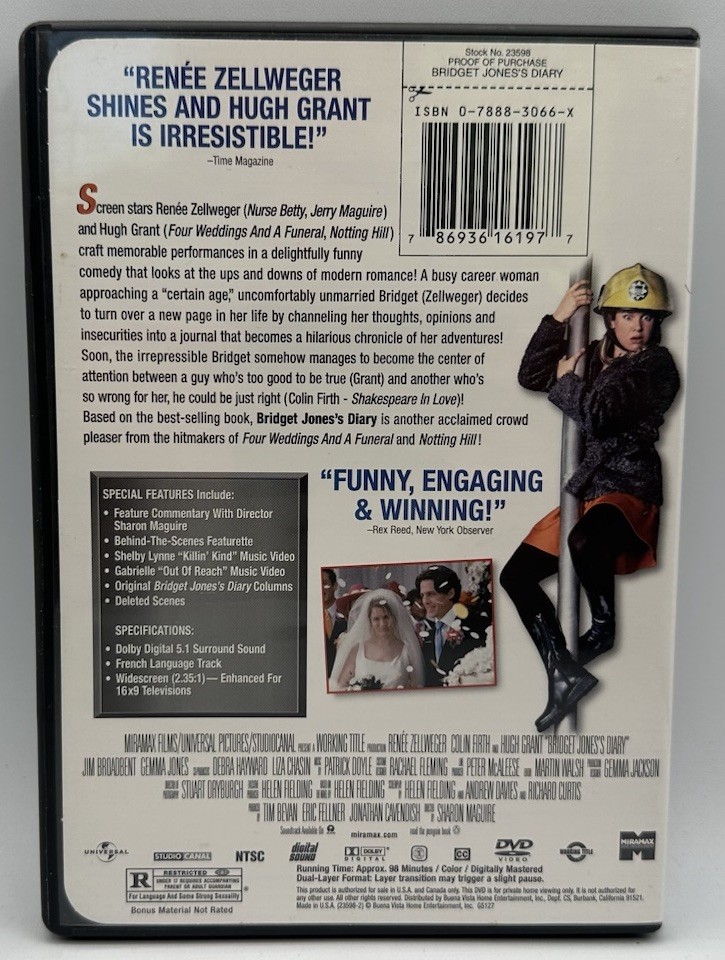 Bridget Jones’s Diary DVD Widescreen Renee Zellweger Clinton Firth 2001 ...