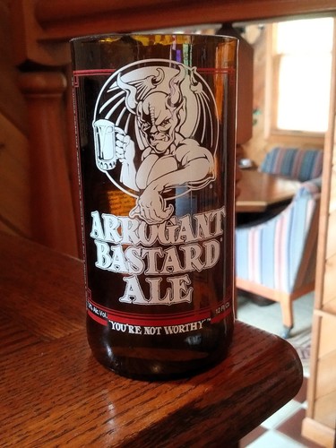 ARROGANT BASTARD ALE; ACL BEER BOTTLE; MADE INTO A DRINKING GLASS; (Up ...