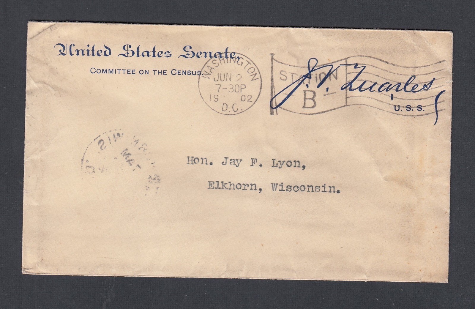 USA 1902 SENATE JOSEPH V QUARLES FREE FRANK COVER WASHINGTON DC TO ...