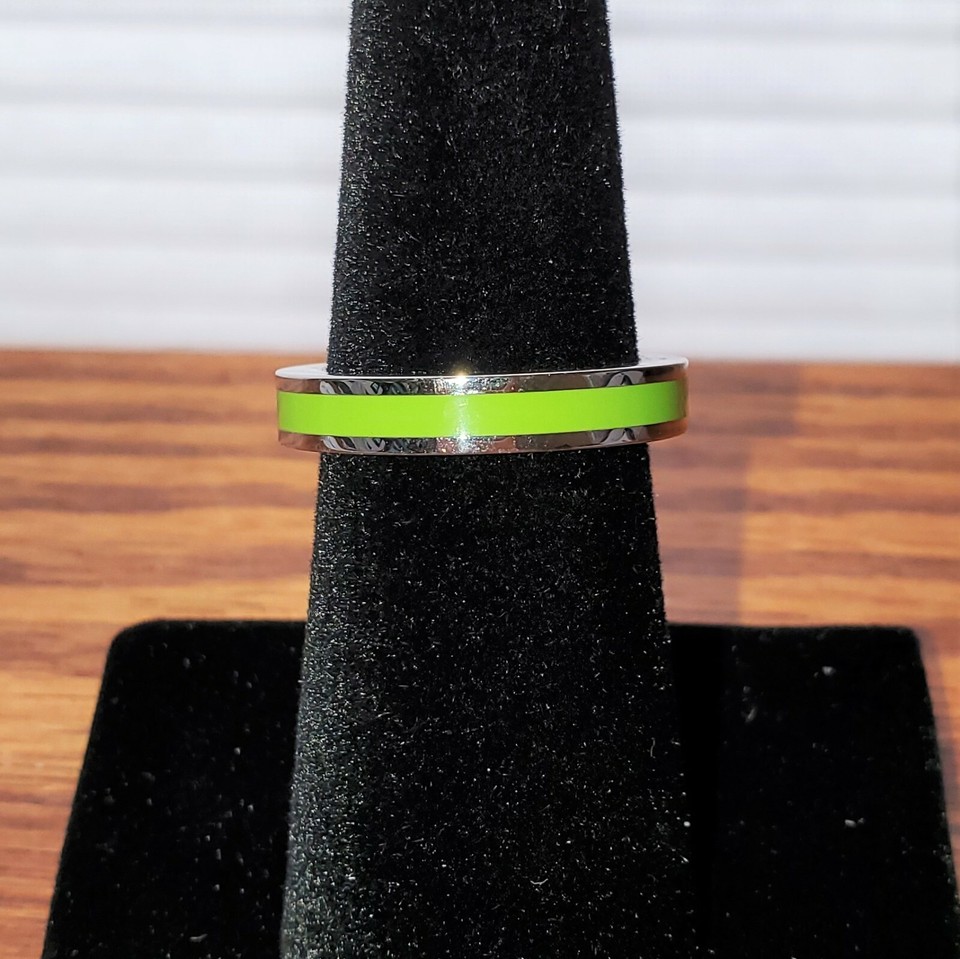 RS Covenant Ring Silver Tone Lime Green Stripe Stackable Sizes 6, 7 ...