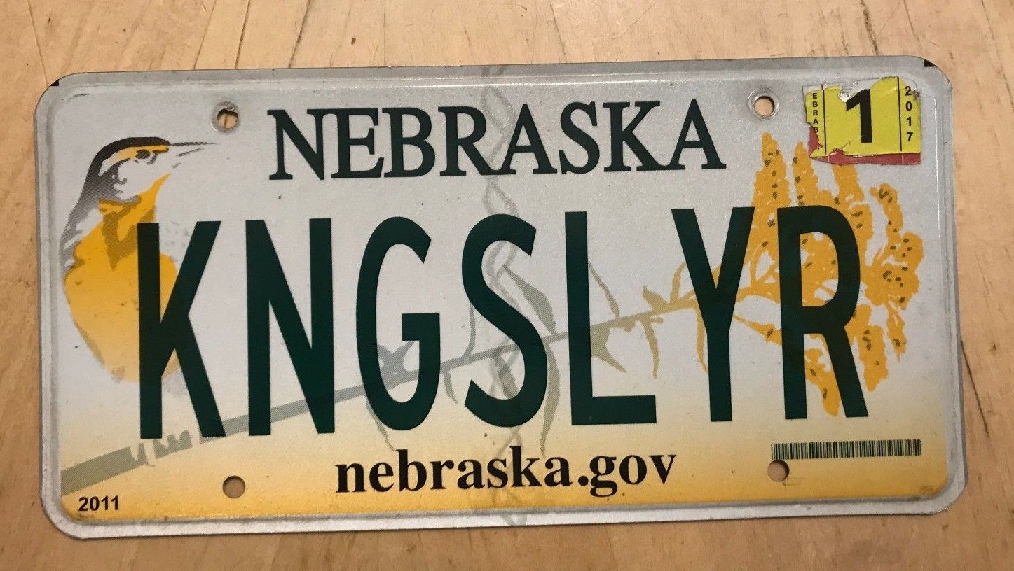 NEBRASKA BIRD VANITY LICENSE PLATE " KNGSLYR " KING SLAYER ROYALTY ...