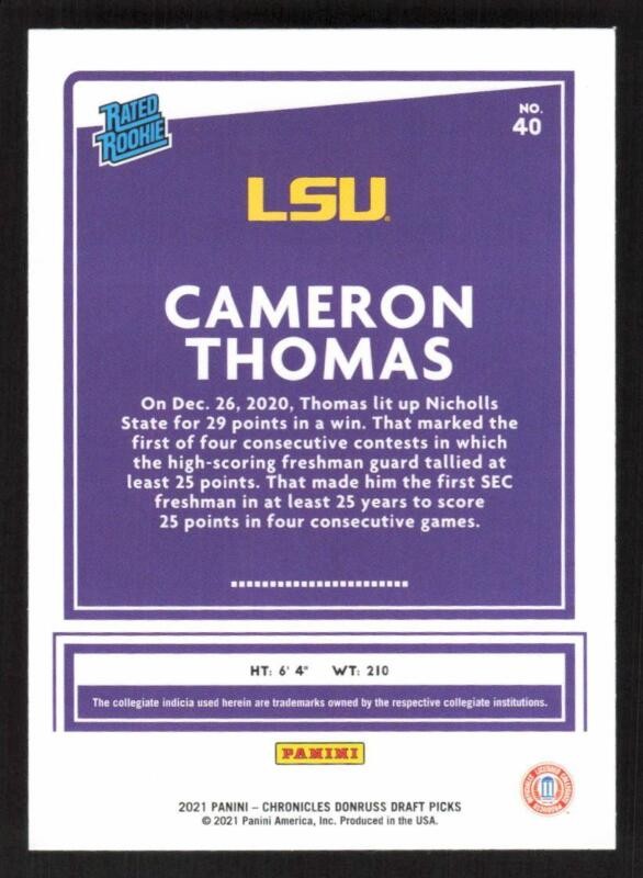 2021 PANINI CHRONICLES DRAFT CAMERON THOMAS 40 MINT RC BASKETBALL LSU ...