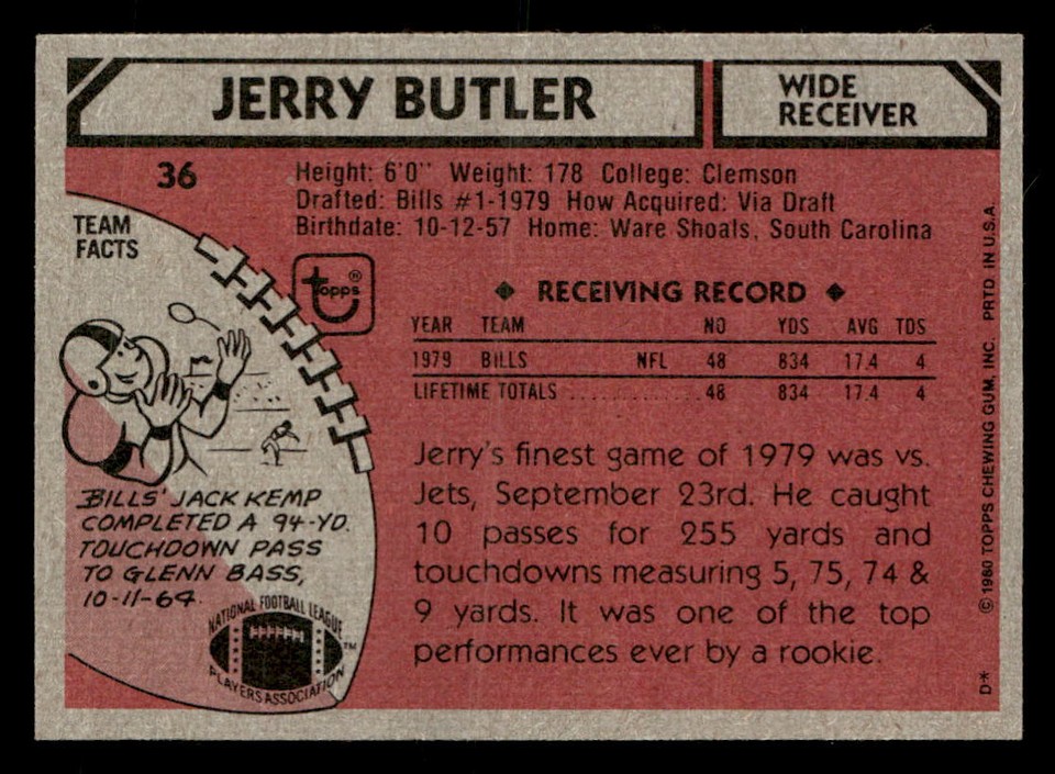 Jerry Butler 1980 Topps Rookie Card #36 Buffalo Bills | eBay