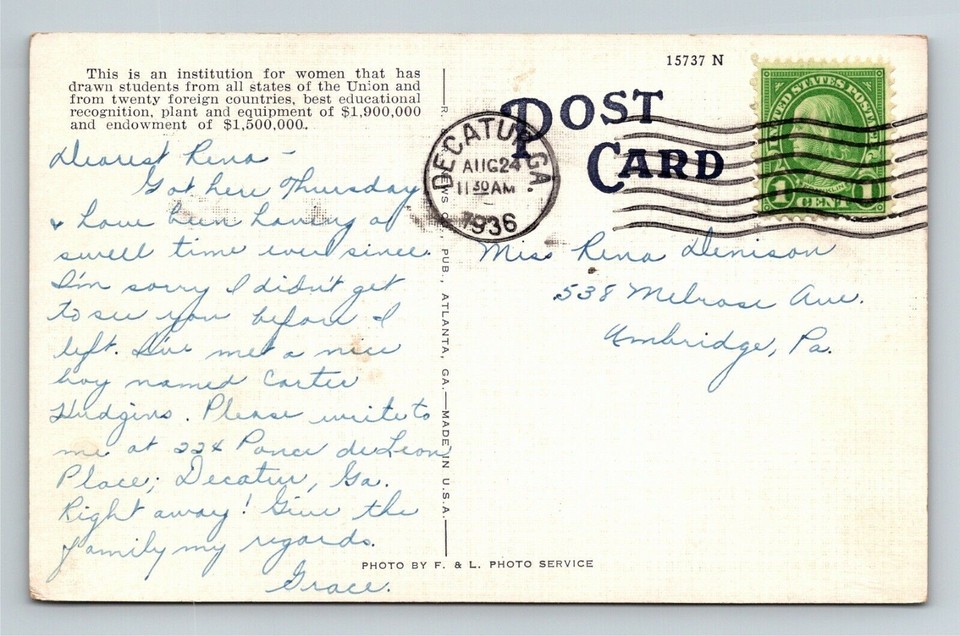 Decatur GA, Agnes Scott College For Women, Campus VintageGeorgia c1936 ...