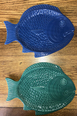 Vintage Blue & Green Ceramic Fish Plates 11” | eBay