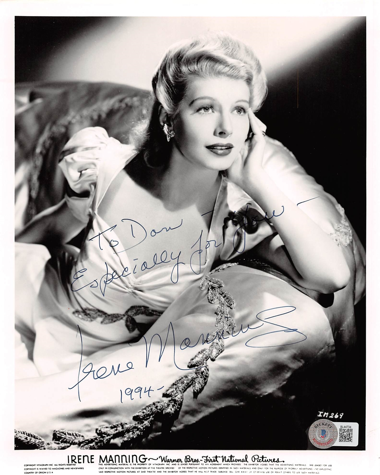 Irene Manning Yankee Doodle Dandy "For You-1994" Signed 8x10 Photo BAS ...