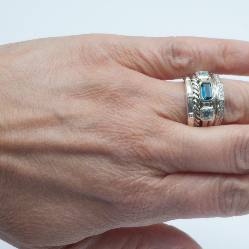 DAVID YURMAN New Ladies 16mm Stax Wide Ring in Blue Topaz Diamond ...
