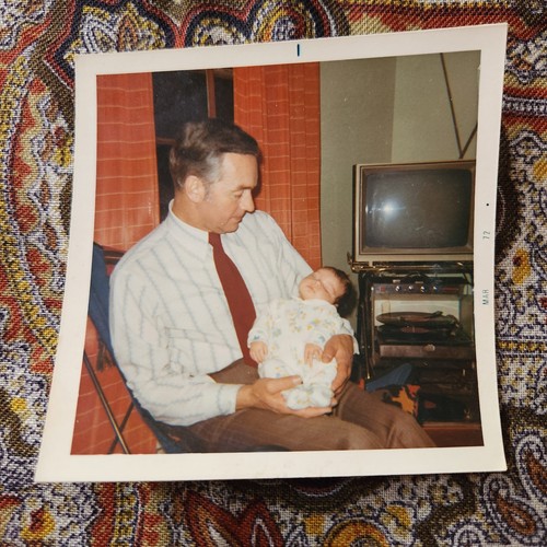 VTG 1970s Color Snapshot Photo 1972 Father Holding Newborn Baby Livong ...