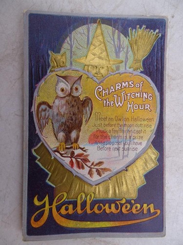 Antique 1910s Art Nouveau Halloween Postcard Witching Hour Heart ...